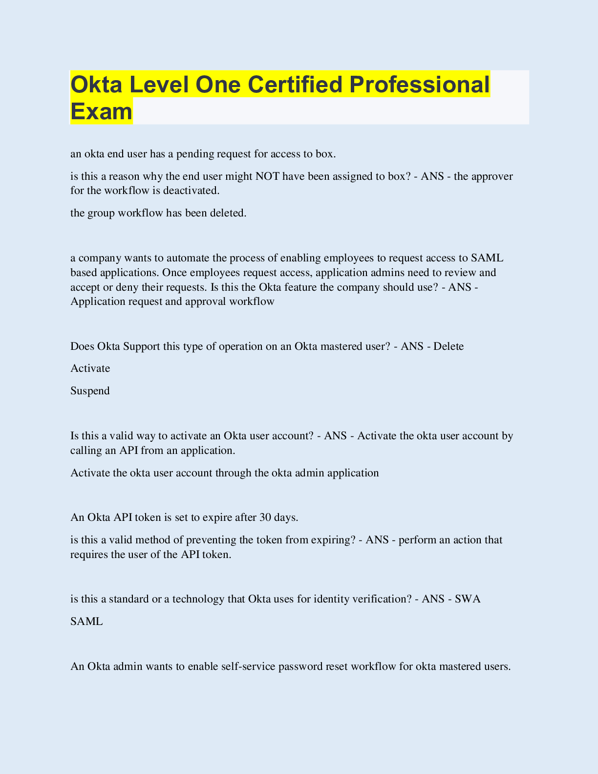 Okta Level One Certified Professional Exam | with 100% Correct Answers | Updated & Verified ...